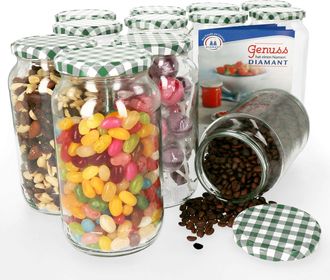 MamboCat 12er Set Einmachglas 1062 ml I Rundgläser Einkochgläser mit Schraubdeckel I Twist Off to 82 I Aufbewahrungsgläser mit Deckel Grün Weiß Kariert I inkl.
