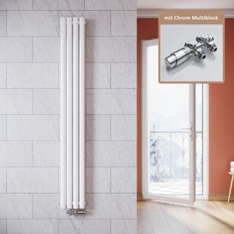 Elegant Lighting Vertikal Heizk&ouml;rper Design Wei&szlig; 1800x236mm mit Multiblock Chrom Thermostat R&ouml;hrenheizk&ouml;rper Doppellagig Badheizk&ouml;rper Mittelanschluss