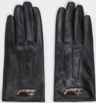 Twinset Schwarze Lederhandschuhe mit kontrastierendem gesticktem Logo
