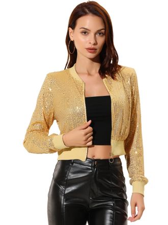 Allegra K Damen Pailletten Jacke Langarm Rei&szlig;verschluss Crop Glitzer Sequin Bomberjacke Gelb S