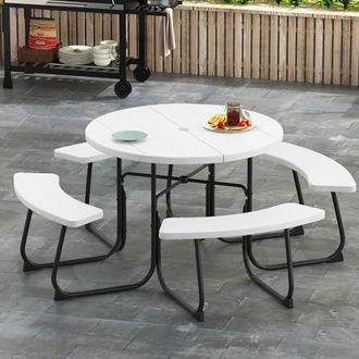 Giantex Ensemble de meubles de jardin pour 8 personnes, table de jardin ronde avec 4 bancs, table &agrave; bi&egrave;re avec trou pour parasol, salon de jardin r&eacute;sistant au