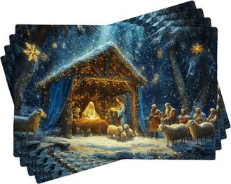 Generic Weihnachtliche Krippen-Tischsets, 4er-Set, blaue Winterkrippe, Tischdekoration f&uuml;r Urlaub, Esszimmer, waschbar, f&uuml;r drinnen und drau&szlig;en, 45,7 x 30,5 c