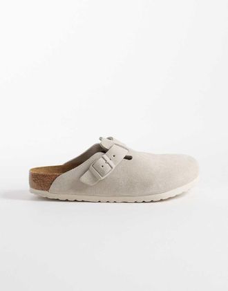 Birkenstock Boston - Sabots unisexes en daim - Gris perle-Blanc