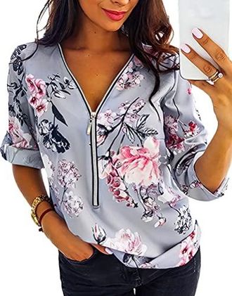 Onsoyours Chemisier Femmes Tunique Haut Demi Manches Longues Tops Blouse Chemisier Femme Chic Chemise Fermeture Éclair T-Shirt en Col V avec Zip B Gris XL