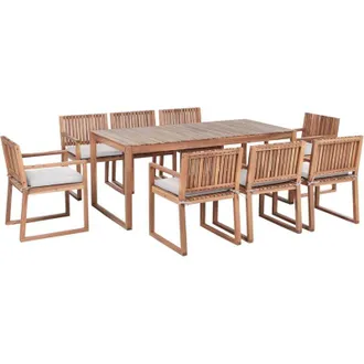 Beliani Gartenm&ouml;bel Set 8-Sitzer Hellbraun Zertifiziertes Akazienholz Tisch mit 8 St&uuml;hlen und Sitzkissen Hellbeige Rustikal Modern Terrasse Garten