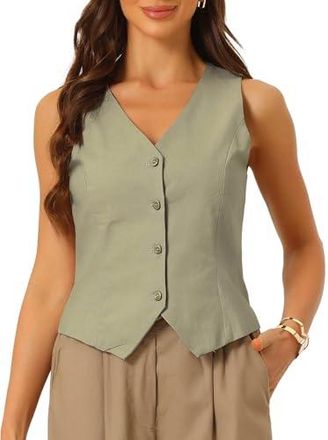 Allegra K Blazer sans Manches Femme Gilet Boutonné de Bureau Col en V Veste Courte Gilet de Costume Blazer daffaire Armée Verte XS