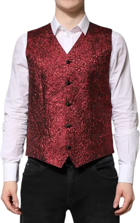 Dolce & Gabbana Red Floral Brocade Formal Men Waistcoat Vest Clothing