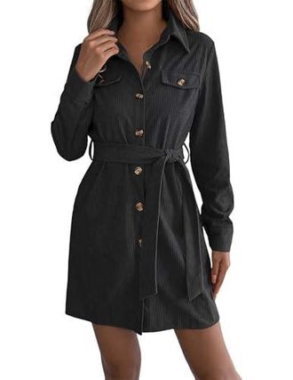 Generic Robe dautomne mi-longue pour femme - Ouverture boutonn&eacute;e - Jupe de f&ecirc;te d&eacute;contract&eacute;e - Coupe ajust&eacute;e, Noir, XS