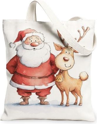 Generic Sacs fourre-tout en toile avec motif renne du P&egrave;re No&euml;l, sacs d&eacute;picerie r&eacute;utilisables, l&eacute;gers et lavables avec bandouli&egrave;re, blanc, 13x15 Inch
