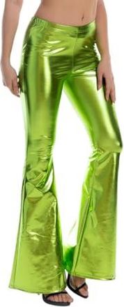 Generic Pantalon &eacute;vas&eacute; brillant en similicuir m&eacute;tallique pour femme avec bas cloche, pantalon &agrave; jambe large iris&eacute; pour festival, performance, f&ecirc;te, club, rave