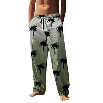 Generic Pantalon en coton et lin pour homme - Pantalon en lin imprim&eacute; cocotier - Jambe droite - Pantalon d&eacute;contract&eacute; ample - Pour l&eacute;t&eacute;, la plage, les voyages,