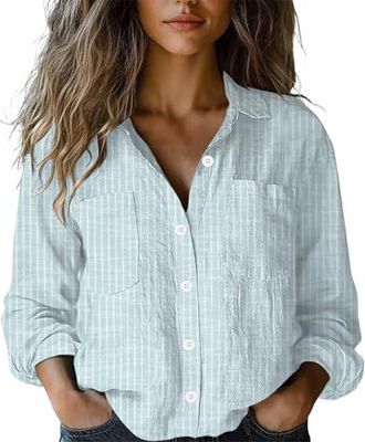 Generico Chemise Femme Curvy &agrave; Manches Longues Blouse en Lin Coton D&eacute;contract&eacute; Respirant Chemisier Col en V Doux Chemises Vintage Fantaisie avec Boutons Classi