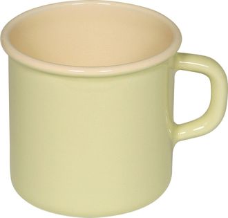 Riess 0221-006, Emaille Topf mit B&ouml;rdel, Kaffeebecher, Durchmesser 8cm, 0.375 Liter Inhalt, 3/8 Liter, LBH 11,1x8,8x8,4cm, Gew. 0,192kg (GELB/BUNT PASTELL)