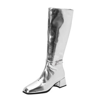 Generic Bottes hautes pour femme extensibles et &eacute;l&eacute;gantes avec boucle de couleur unie et fermeture &eacute;clair lat&eacute;rale, d&eacute;contract&eacute;es, confortables, &agrave; talon &eacute;pais