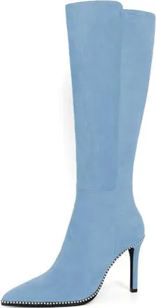 elashe Bottes pour Femme Bleu Clair Bottes Femme Hautes en Daim &eacute;l&eacute;gantes 9.5 cm Talon Aiguille Fermeture &Eacute;clair Lat&eacute;rale avec D&eacute;coration Beads Mod&egrave;le &agrave; Poin