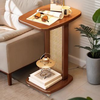 Generic Beistelltische F&uuml;Rs Wohnzimmer, C-F&ouml;Rmiger Tisch F&uuml;Rs Sofa Mit 360&deg;-Rolle, Tischplatte Aus Massivholz, Doppelstangenhalterung F&uuml;Rs Schlafzimmer