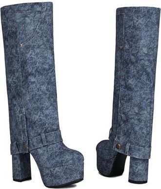 Generic Bottes déquitation montantes pour femme en patchwork à bout rond et talons épais à enfiler, bleu, 37.5 EU