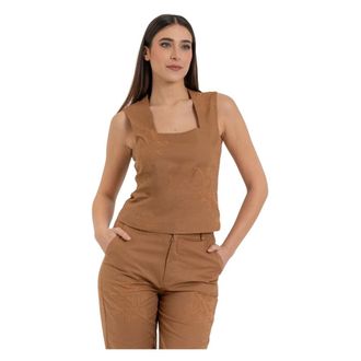 Kocca Femme, Tops, Brun, Taille: 36 FR Haut en Coton et Lin avec Broderie Florale