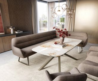 DELIFE Esszimmerbank Taya-Flex 285x190 cm Strukturstoff Soft Taupe Kufengestell flach Effektfinish Titan Taschenfederkern Links, B&auml;nke
