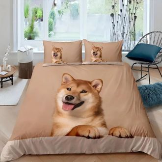 Generic Shiba Inu Bettw&auml;sche 140x200 Hund Bettw&auml;sche Set, 3D Bettbezug Set Weich Microfaser Bettbez&uuml;ge 3 Teilig Tier Wendebettw&auml;sche f&uuml;r Kinder Erwachsene mit
