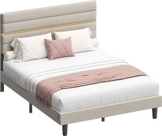 Vasagle Polsterbett, Doppelbettgestell, Bettgestell, passend f&uuml;r 140 x 200 cm Matratze, verstellbares gepolstertes Kopfteil, Bettrahmen, Metall, Massivholz, m