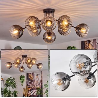 HOFSTEIN Deckenleuchte Koyoto, 8-flammige Deckenlampe aus Metall/Riffelglas in Schwarz/Rauch/Klar, Leuchte im Retro/Vintage-Design (Schirme &Oslash; 15 cm), E14, Essz