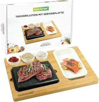 Nutrichef NutriChef Hei&szlig;er Stein Grillplatte - Tischgrill-Set mit Bambus und Keramik Ideal f&uuml;r Steak und Dinner - Nat&uuml;rliches Granit-Kochset - Servierplatte mit