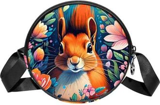 Generic Sac &agrave; bandouli&egrave;re rond pour femme, motif &eacute;cureuil color&eacute;, petit sac &agrave; dos &agrave; bandouli&egrave;re avec fermeture &eacute;clair, bretelles r&eacute;glables, sac &agrave; main rond d&eacute;