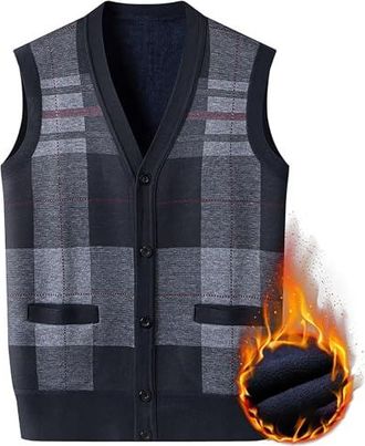 Generic Pull sans manches pour homme - Col en V - Gilet tricot&eacute; - D&eacute;bardeur dhiver - Gilet en tricot c&ocirc;tel&eacute; - Gilet daffaires doubl&eacute; en polaire avec boutons, 