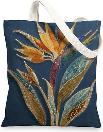 Generic Sac fourre-tout en toile florale, sacs dépicerie réutilisables, sacs à main légers à bandoulière bleue, bleu, 13x15 Inch