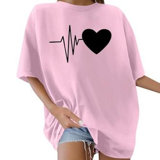 Generico Oversize T-shirt dété à manches courtes avec épaules larges et imprimé lettres pour femme, Rosé, XXL