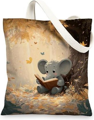 Generic Sacs fourre-tout en toile motif éléphant mignon, sacs de courses réutilisables, légers et lavables avec bandoulière en toile, marron, 13x15 Inch