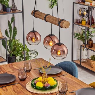 HOFSTEIN Pendelleuchte Koyoto, 3-flammige Hängelampe aus Metall/Holz/Glas in Schwarz/Natur/Kupfer/Klar, Hängeleuchte Boho mit Glasschirmen, Holzbalken, max 150