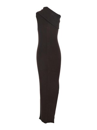Rick Owens Womens Brown Ribbed Knit Sleeveless Asymmetric Long Dress Viscose