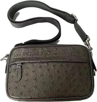 Generic Authentique peau dautruche pour hommes, petit sac &agrave; main d&eacute;contract&eacute; &agrave; rabat noir, sac &agrave; bandouli&egrave;re crois&eacute; en cuir v&eacute;ritable exotique pour homme