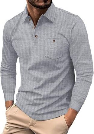 Generic Polo à texture gaufrée pour homme - Manches longues décontractées, tissu évacuant lhumidité, design à col, équipé dune poche de poitrine pour plus de 