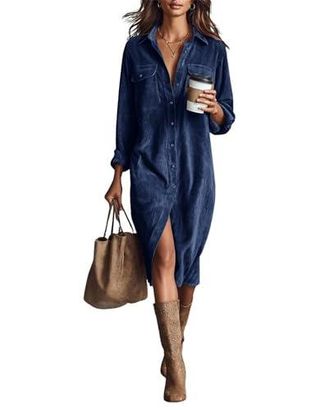 Generic Robe chemise midi boutonnée en velours côtelé pour femme, robe midi décontractée à manches longues, robe midi à col en V, bleu, XXL
