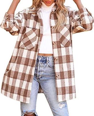 Generic Vestes pour femmes 2026 Chemises &agrave; carreaux bross&eacute;s &agrave; manches longues en flanelle &agrave; revers boutonn&eacute; avec poches, kaki, XXL