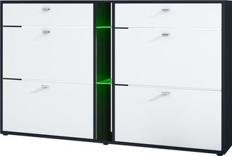 Vladon Schuhschrank Schuhkipper Today 155,5 x 95 x 28 cm, mit RGB LED Beleuchtung, Made in Germany, Korpus in Schwarz matt, Fronten in Weiß matt