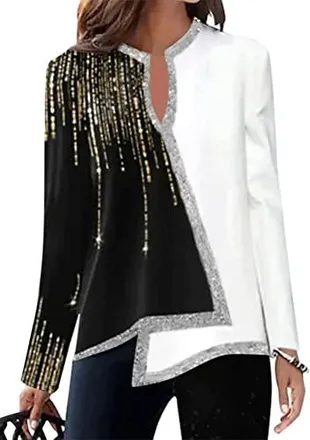 Onsoyours Femmes T-Shirt Patchwork De Paillettes Manches Longues Col V Chemisier Haut Blouse Brillantes Tops Chemisier Haut Élégant Chic Tops Mode E Blanc XXL