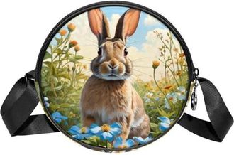 Generic Petit sac &agrave; bandouli&egrave;re circulaire pour femme, motif floral, lapin, sac &agrave; dos &agrave; bandouli&egrave;re avec fermeture &eacute;clair, bretelles r&eacute;glables, sac &agrave; main ron