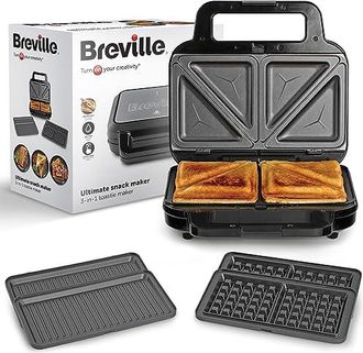 Breville 3-in-1 Ultimativer Sandwichmaker | Extra tiefe Platten für Sandwiches, Waffeln & Paninis | Herausnehmbare Platten mit Antihaftbeschichtung | Schwarz &
