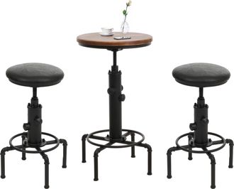 Mendler Set Bartisch + 2X Barhocker HWC-N23, Stehtisch höhenverstellbar drehbar Industrial Eisen Holz Kunstleder - schwarz