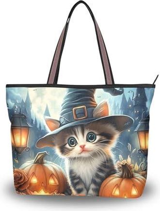 Alaza Grand sac fourre-tout, sac à bandoulière pour femme, sac à main décontracté, sac à main décontracté, motif chats, Halloween, citrouille, sac de course