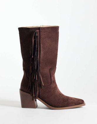 Simmi London SIMMI London - Tevy - Bottines style western mi-hautes en imitation daim &agrave; franges - Marron