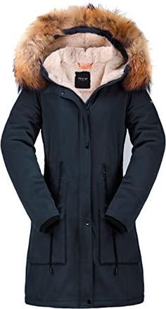 Orolay Veste Dhiver Mi-Longue en Laine Dagneau à Capuche et Col Montant pour Femme Marine XL
