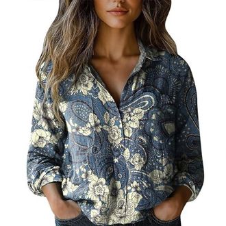 Generico Chemise Femme &Eacute;l&eacute;gante d&Eacute;t&eacute;, Blouse en Lin pour Femme en Forme de Courbe avec Manches Longues, Fleurie, Mode, Blouse avec Col en V, Chemises &Eacute;l&eacute;gantes