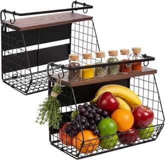 Relaxdays Obstkorb Wandregal 2er Set, Küchenorganizer magnetisch, HBT: 30x35,5x21 cm, Korb Metall, schwarz/Dunkelbraun