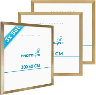 Photolini Bilderrahmen 30x30 Gold MDF-Holz, 3er Set Poster-Bilderrahmen quadratisch 30x30, bruchsicheres Acrylglas, zum Aufhängen, extra Zubehör - für Fotos & P