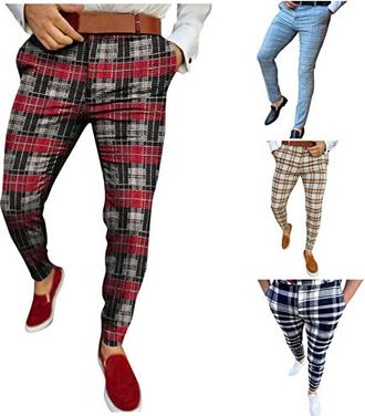 Generic Pantalon chino à carreaux pour homme - Coupe classique - Infroissable - Confortable - Pantalon de travail décontracté - Avec carreaux et devant plat, 